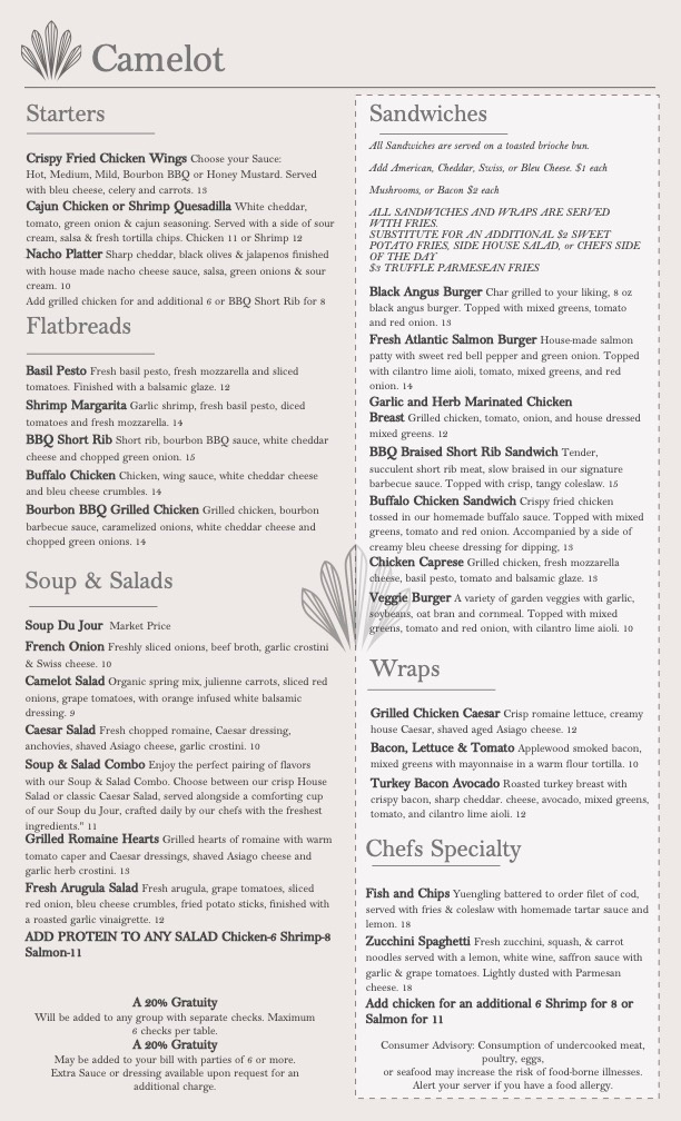 Menus | Camelot Restaurant and Inn