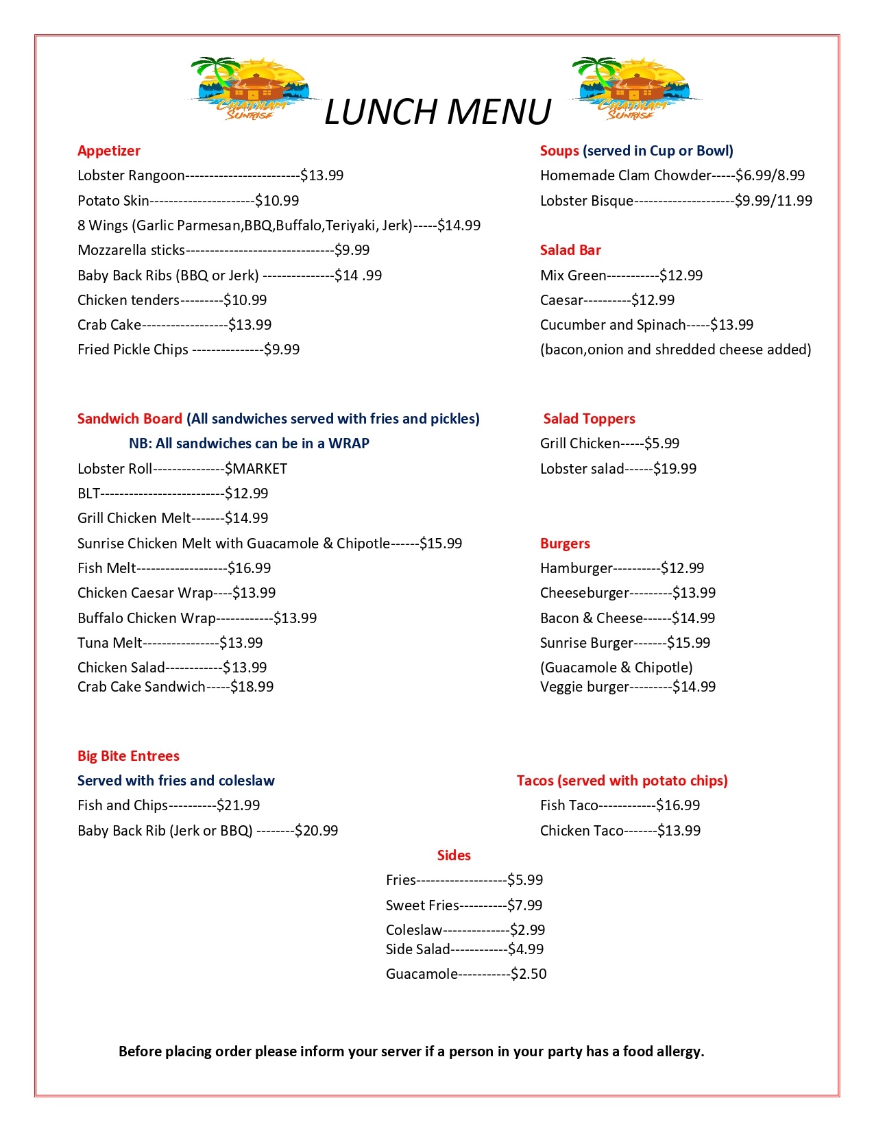 Menu | Chatham Sunrise