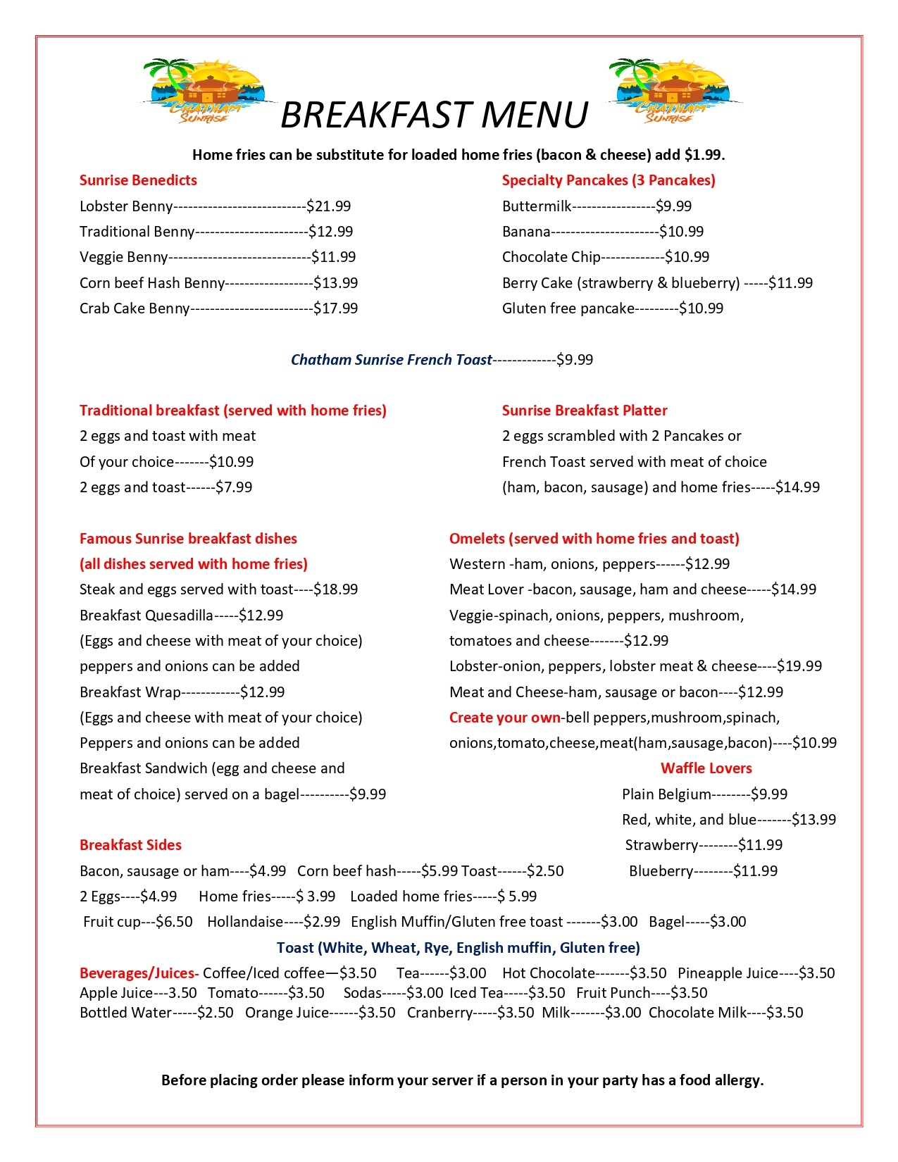 Menu | Chatham Sunrise