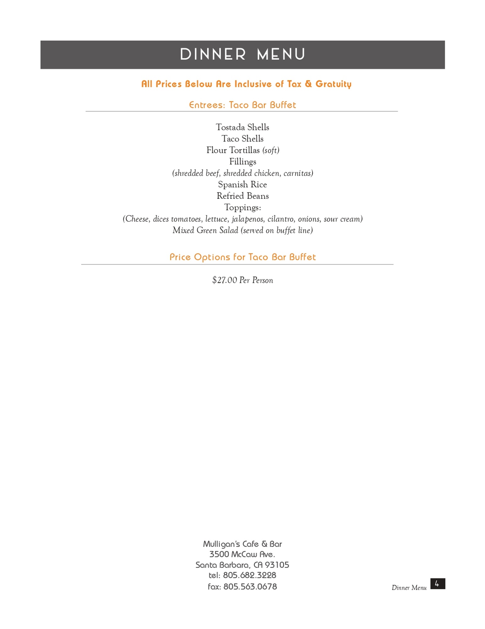 Mulligan's Cafe | Mulligan's Cafe / Menu