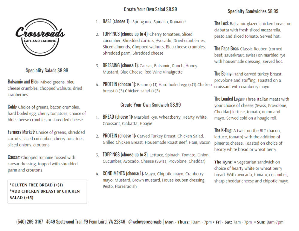 Crossroads Cafe & Catering LLC - Virginia | Cafe Menu