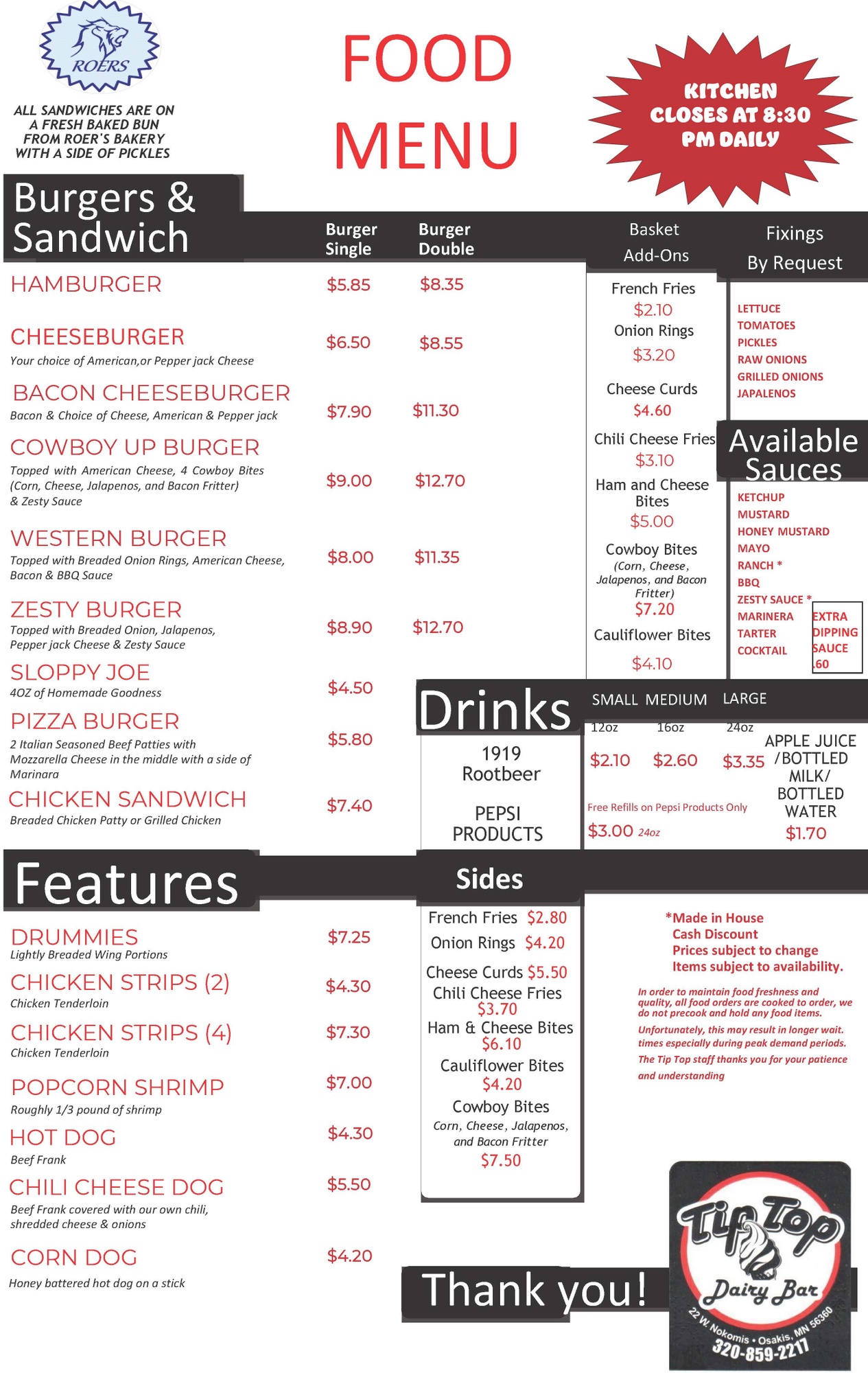 Food Menu | Tip Top Dairy Bar