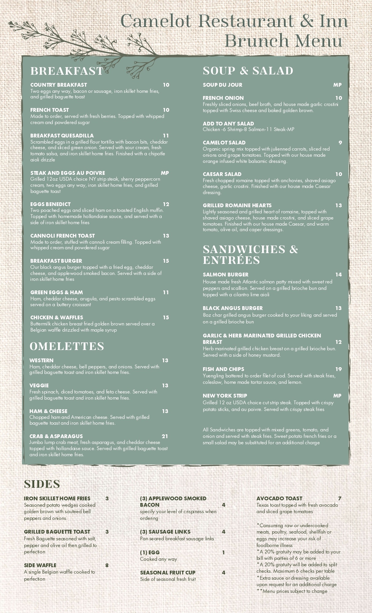 Menus | Camelot Restaurant and Inn