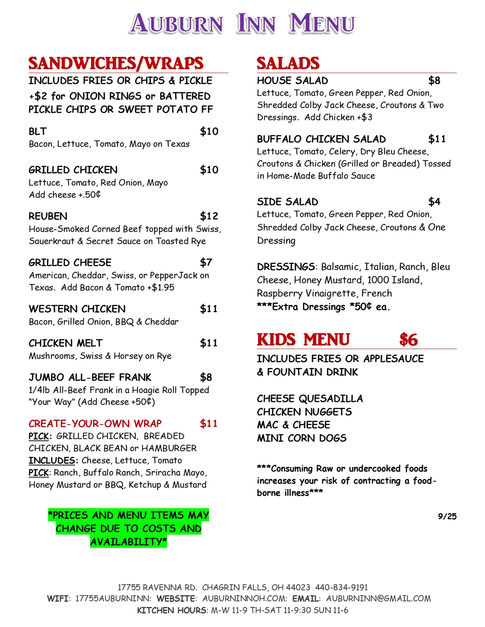 Auburn Inn | A local fun neighborhood tavern | Auburn Inn | Menu
