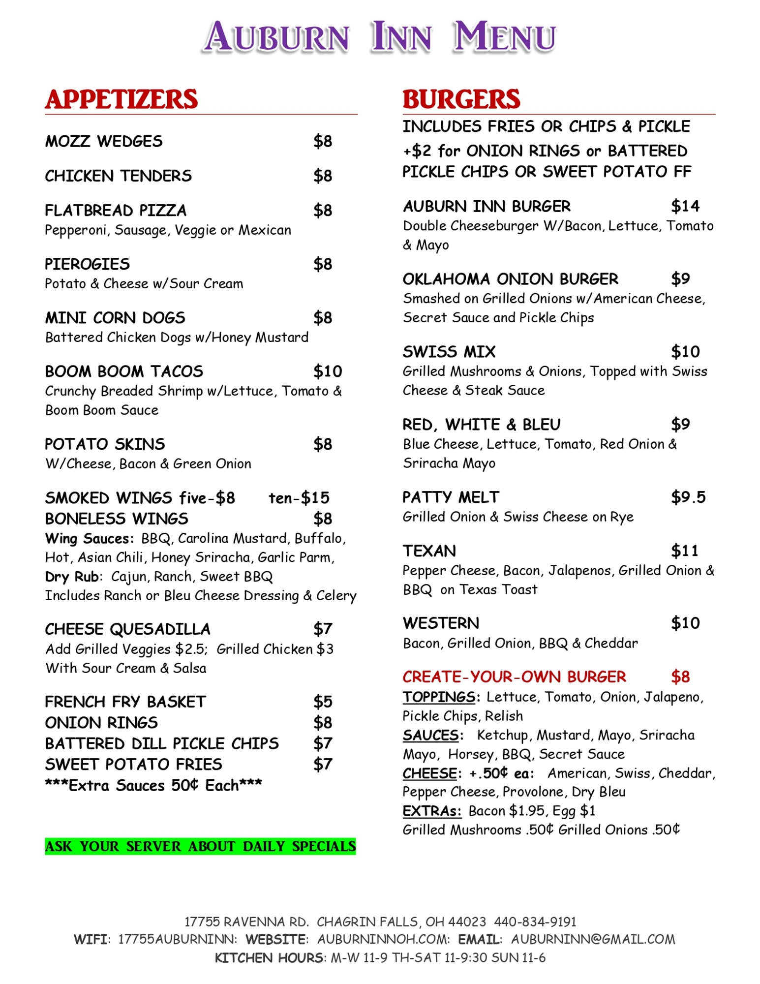Auburn Inn | A local fun neighborhood tavern | Auburn Inn | Menu