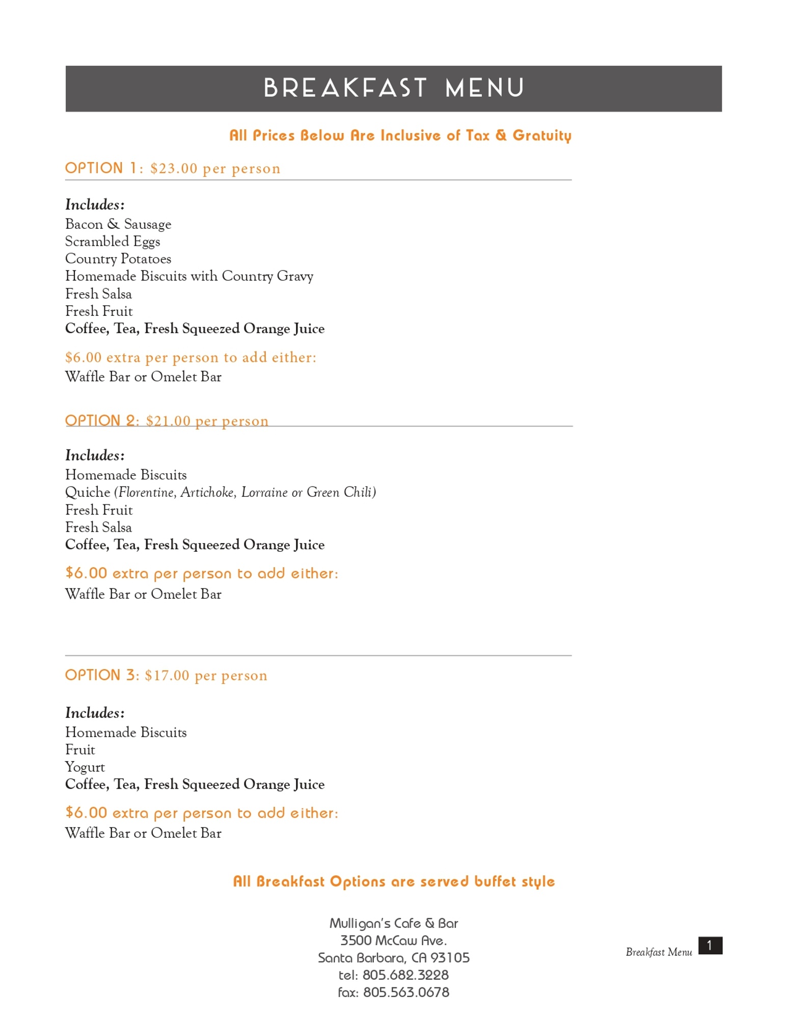 Mulligan's Cafe | Mulligan's Cafe / Menu