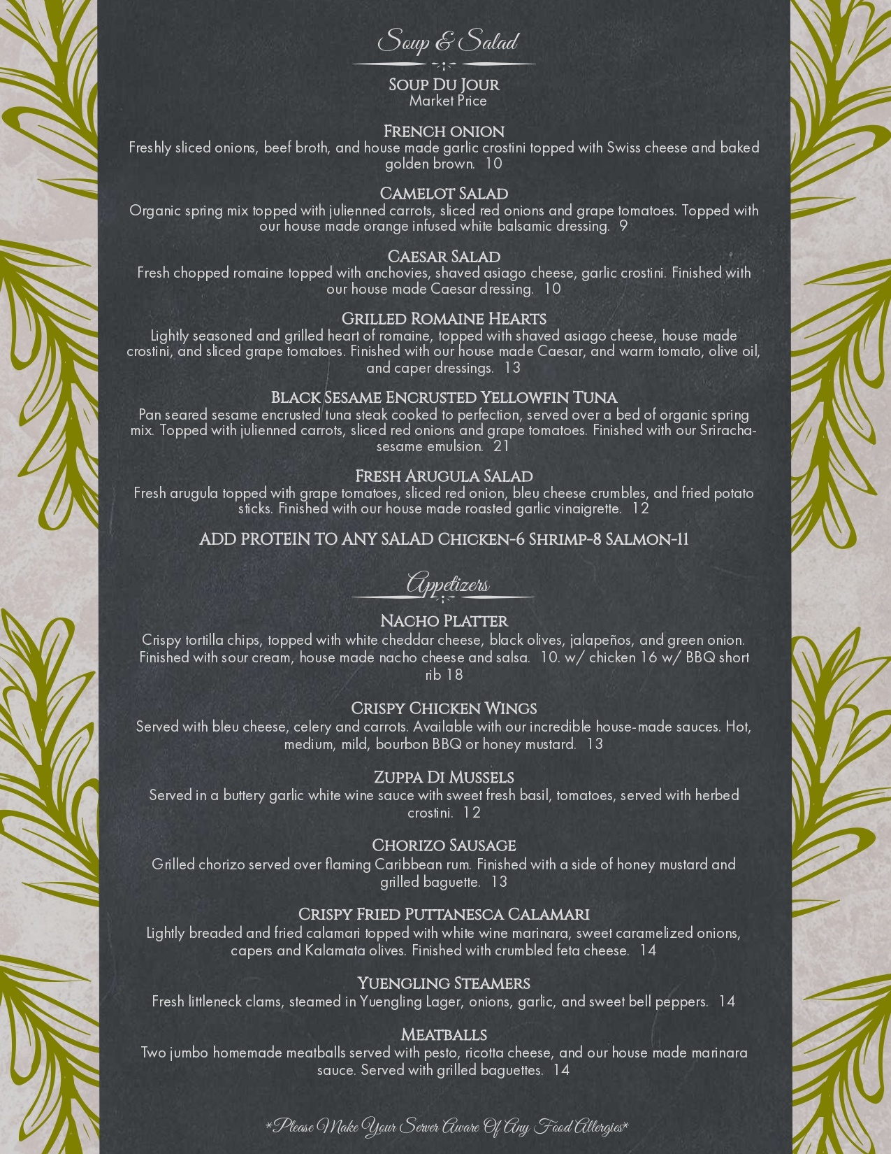 Menus | Camelot Restaurant and Inn