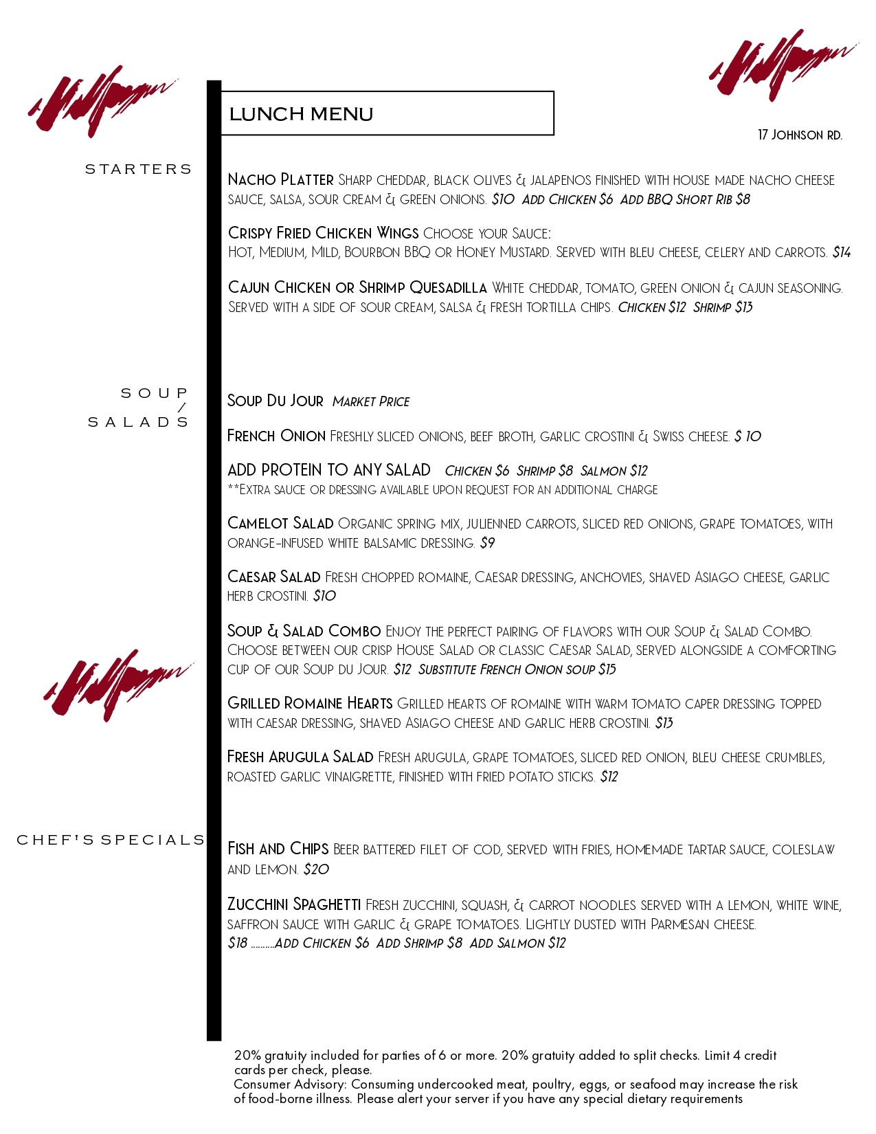 Menus | Camelot Restaurant and Inn