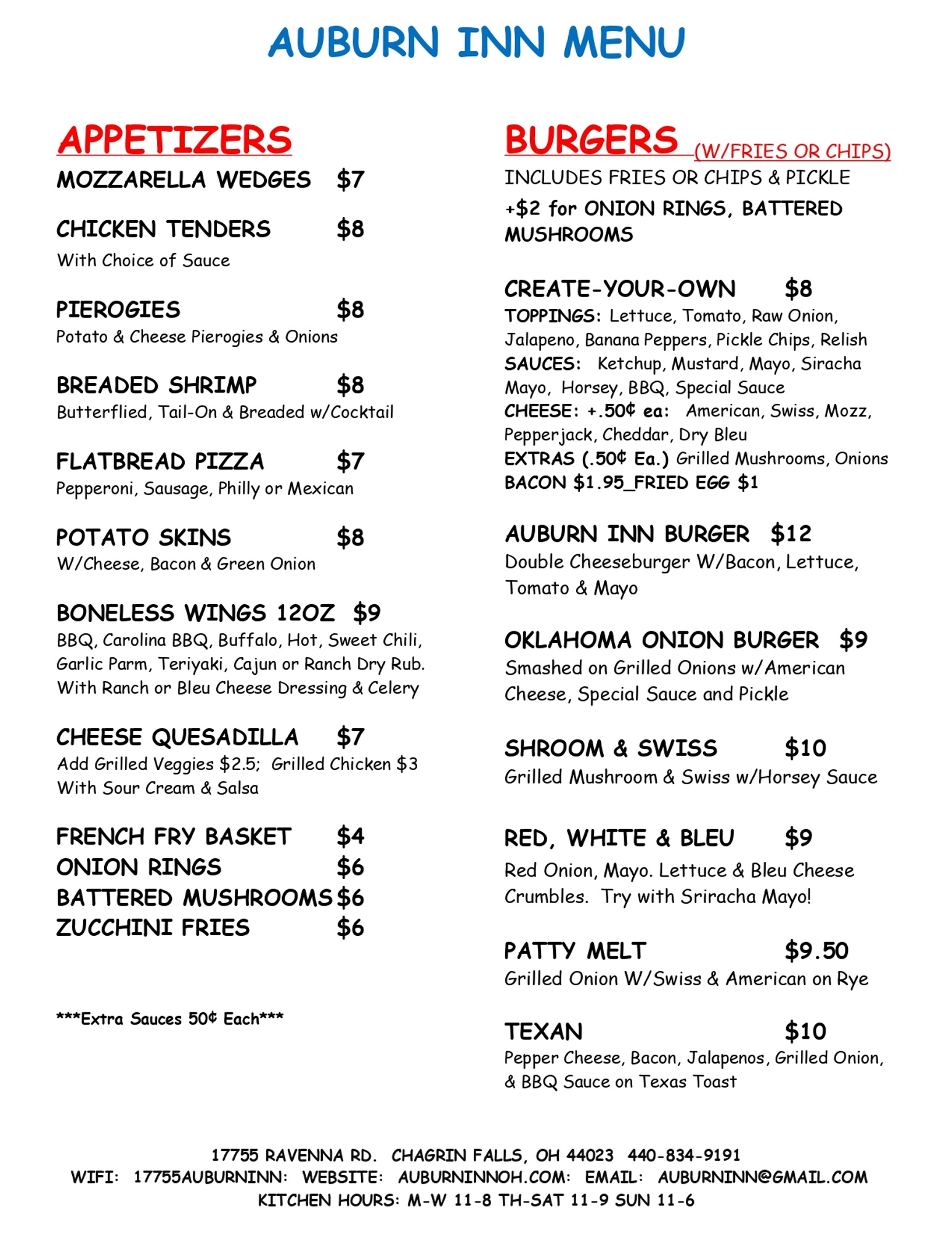 Auburn Inn | A local fun neighborhood tavern | Auburn Inn | Menu