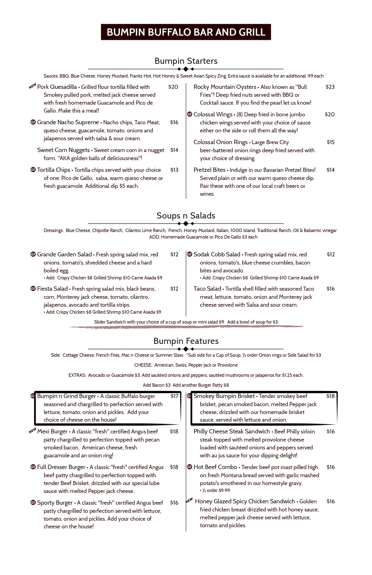 Bumping Buffalo & Grill | Menu